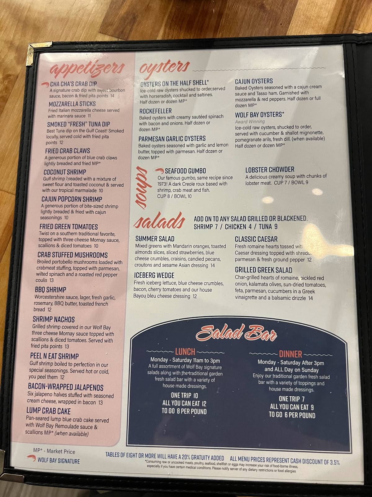 Menu at Wolf Bay Restaurant at Orange Beach, Orange Beach, Perdido ...