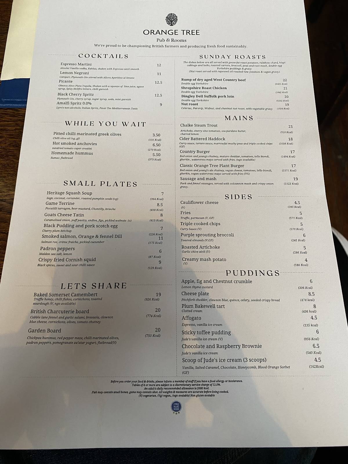 Menu at Orange Tree pub & bar, Richmond, 45 Kew Rd