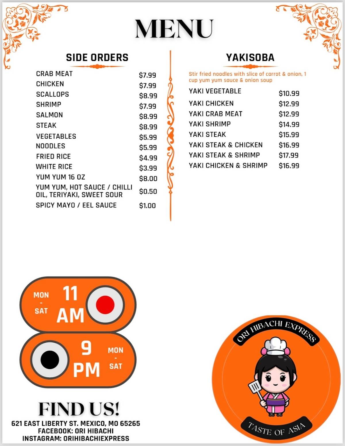 Menu at Ori Hibachi Express restaurant, Mexico