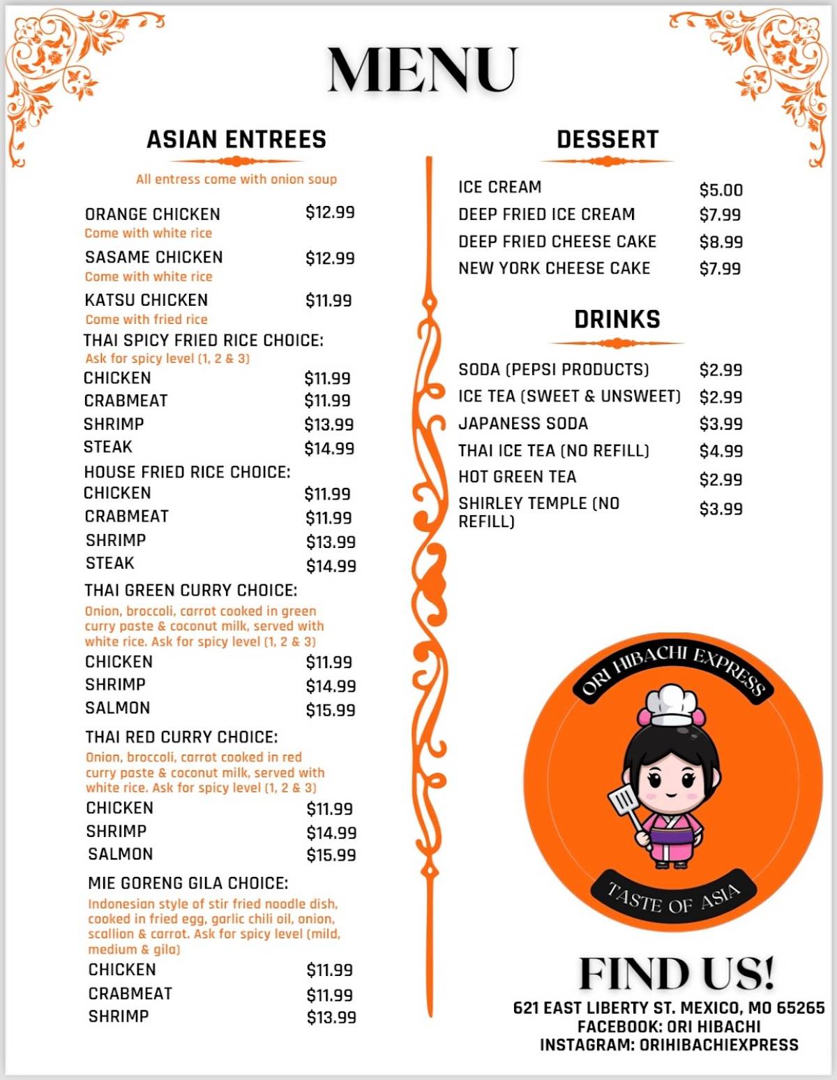Menu at Ori Hibachi Express restaurant, Mexico