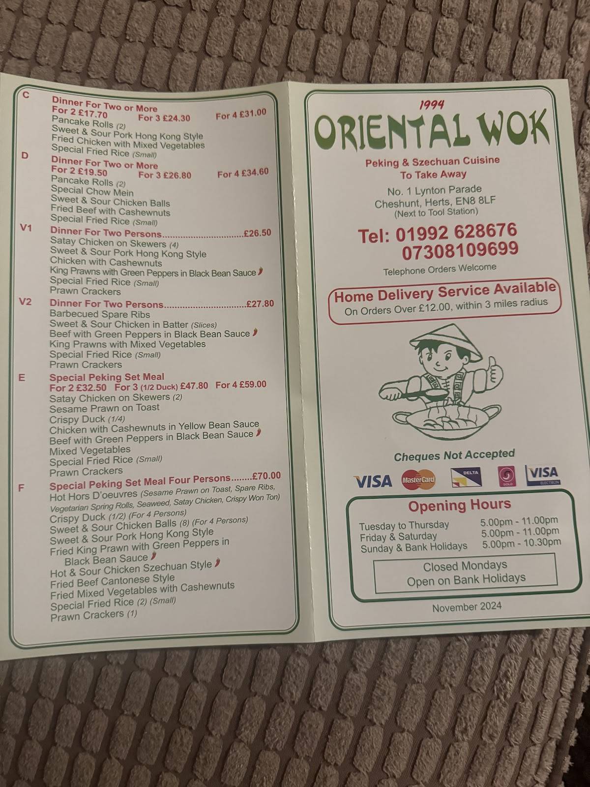 Menu at Oriental Wok fast food, Waltham Cross, 1 Turners Hill