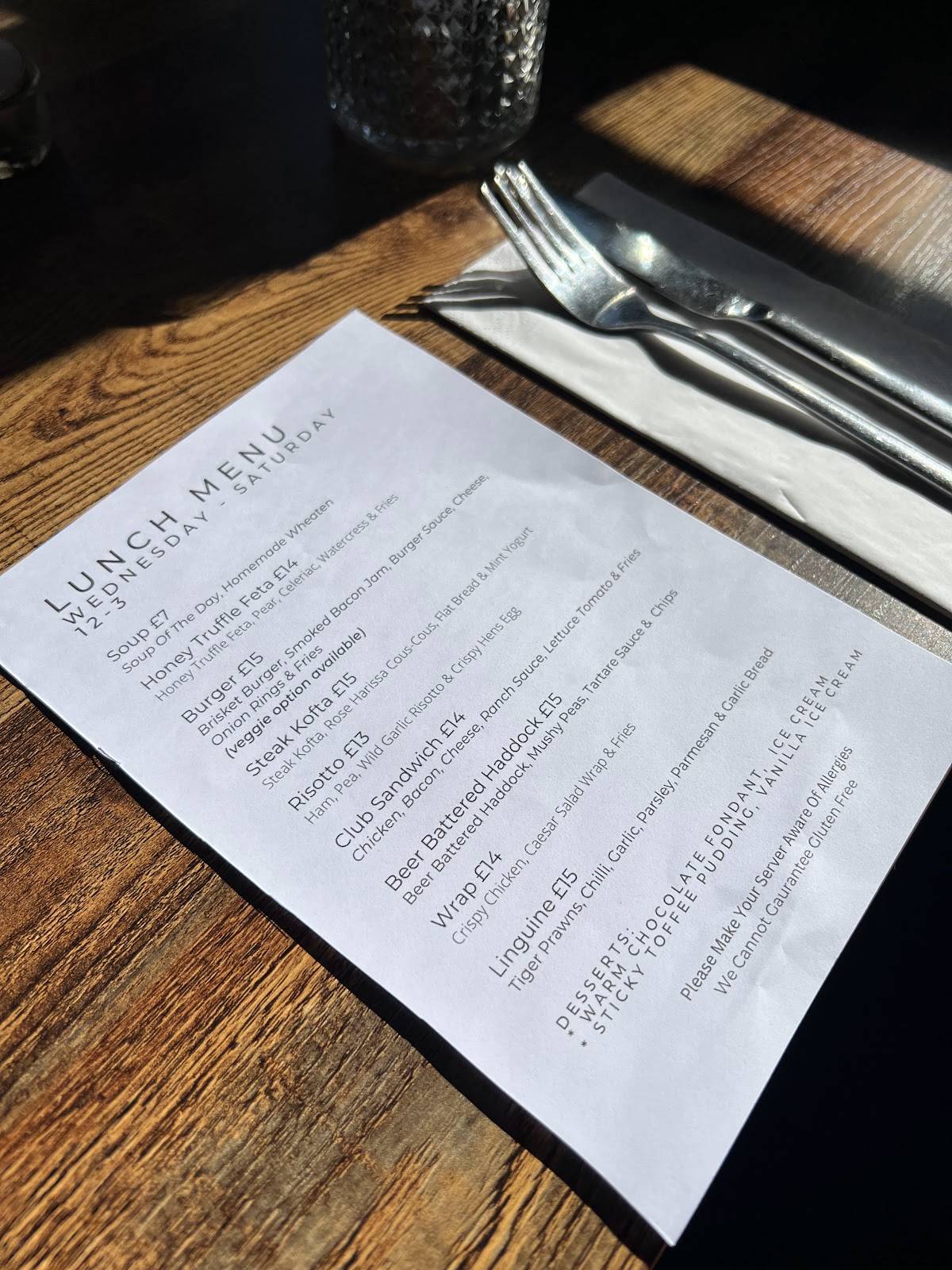 Menu at Origin 101 restaurant, Moira