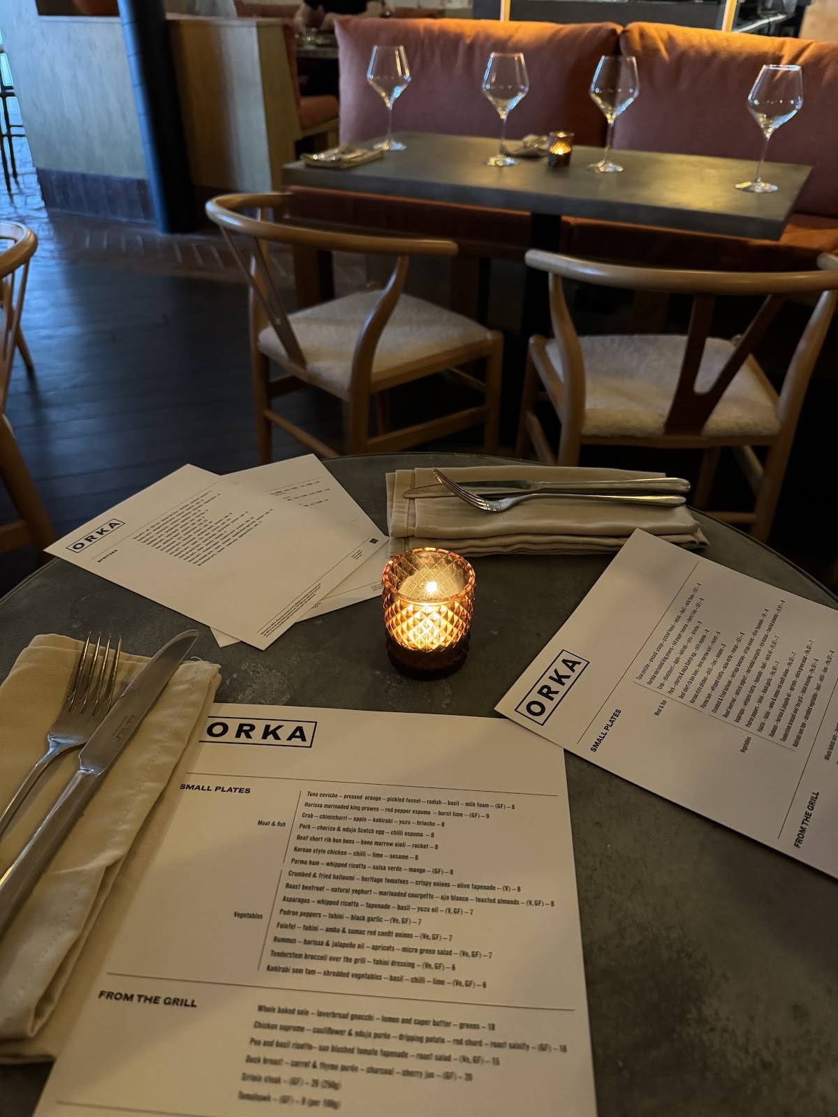 Menu at Orka restaurant, Swansea