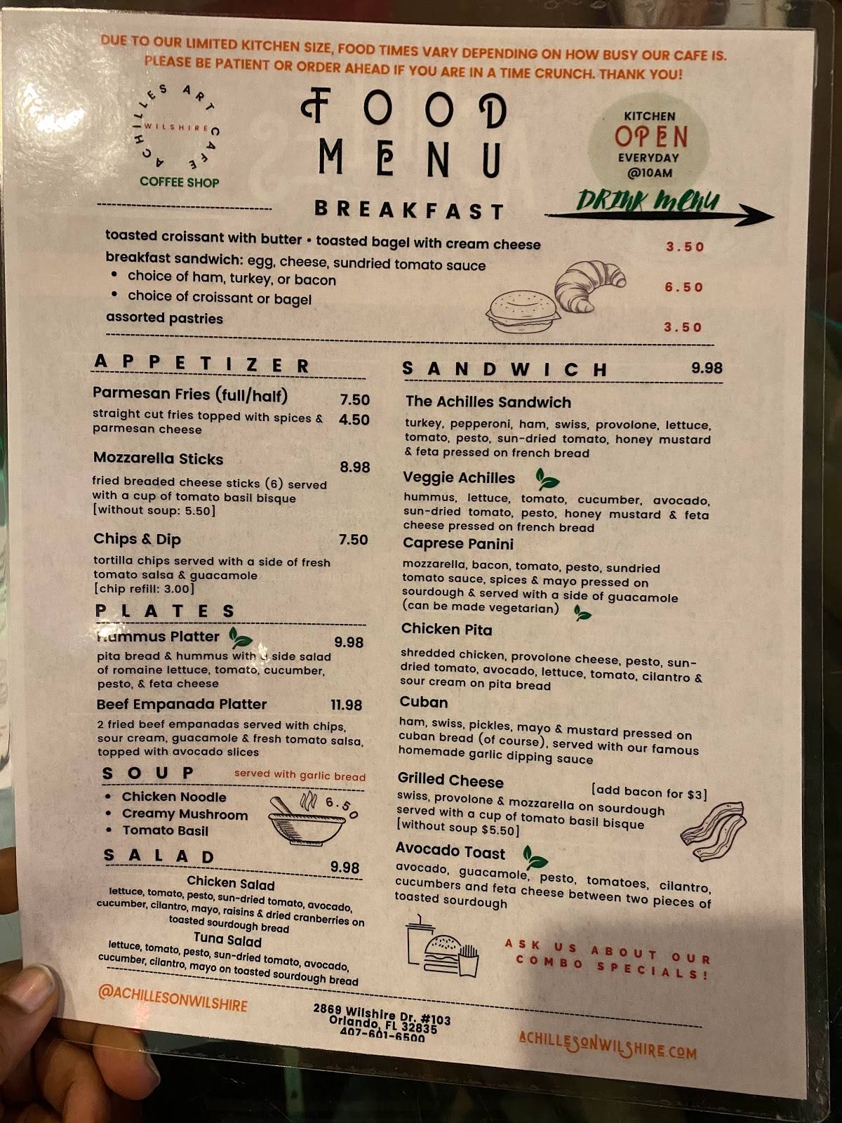 Menu at Arome Art Cafe, Orlando