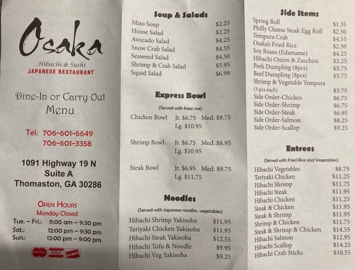 Menu at Osaka Hibachi & Sushi restaurant, Thomaston, US-19