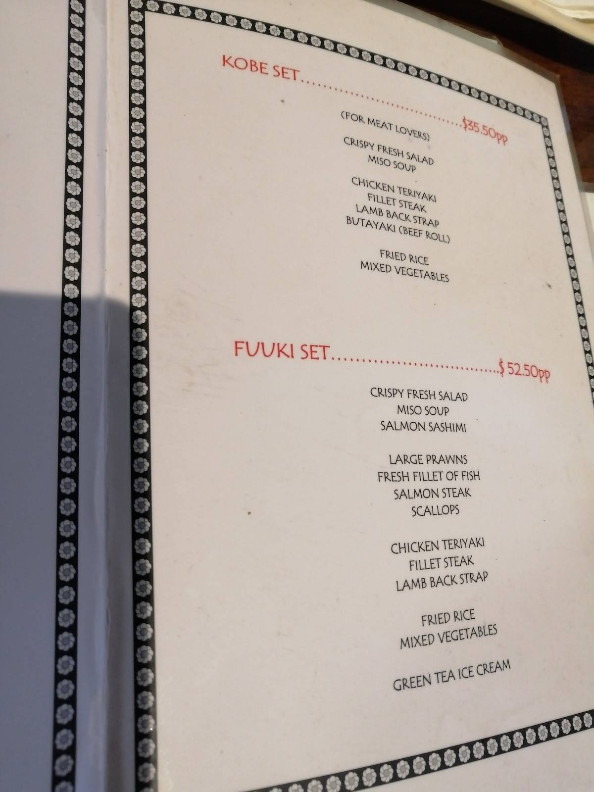 Menu at Osaka Japanese Teppanyaki Restaurant, St Leonards