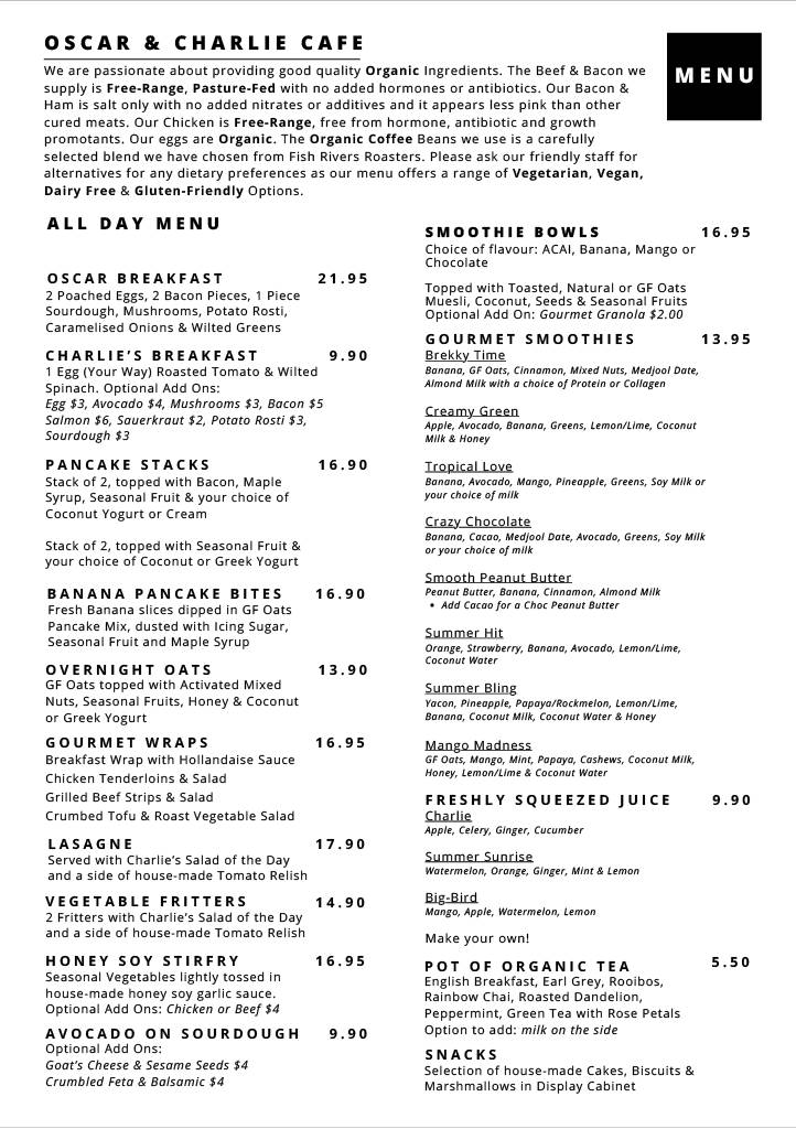 Menu at Oscar and Charlie Cafe, Mount Lofty