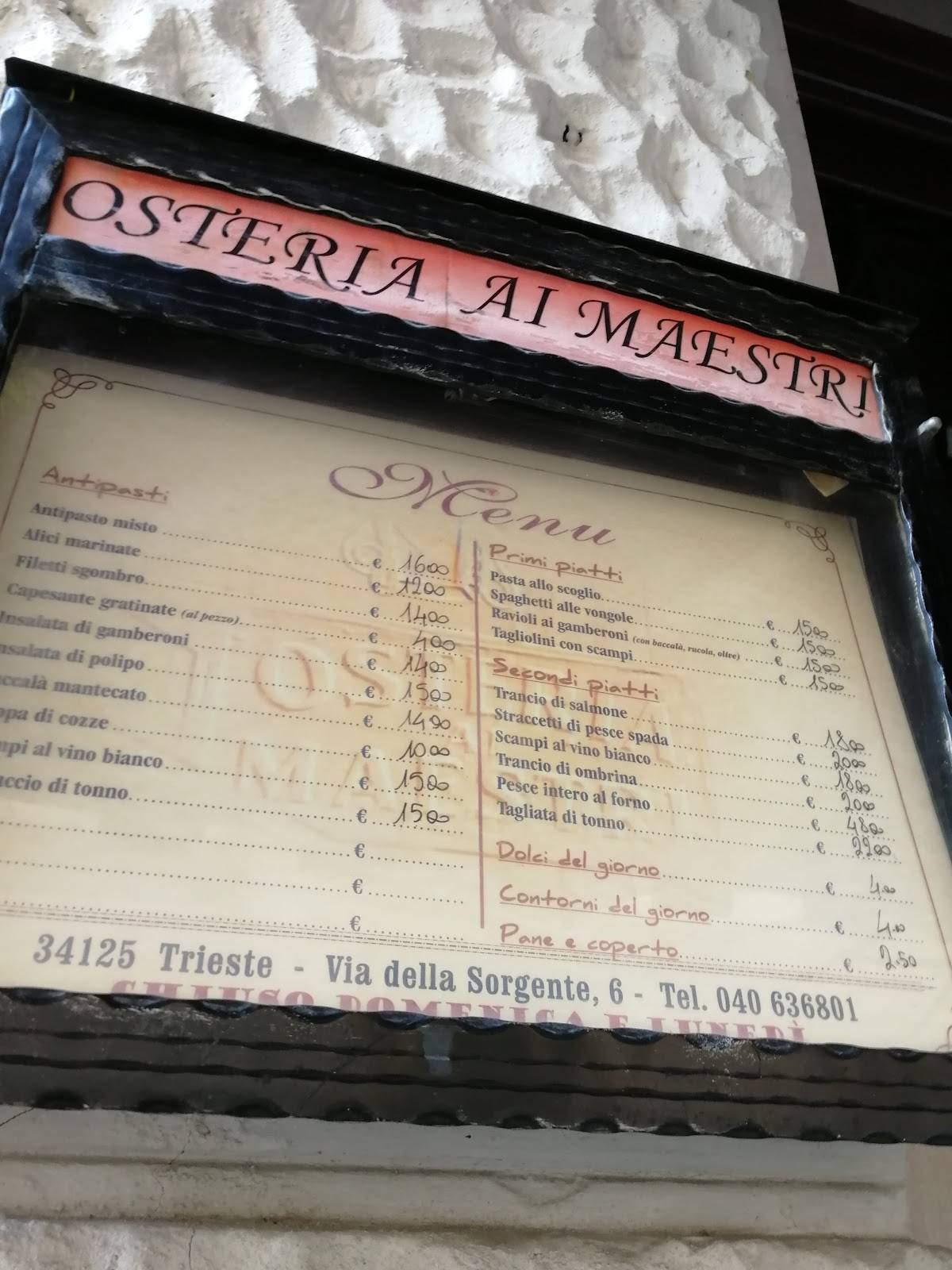 Menu da Osteria Ai Maestri Trieste ristorante, Trieste