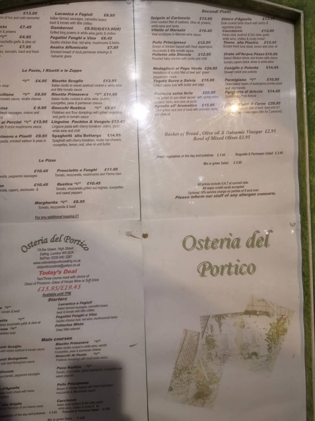Menu at Osteria del Portico restaurant, London, 7a The Grn