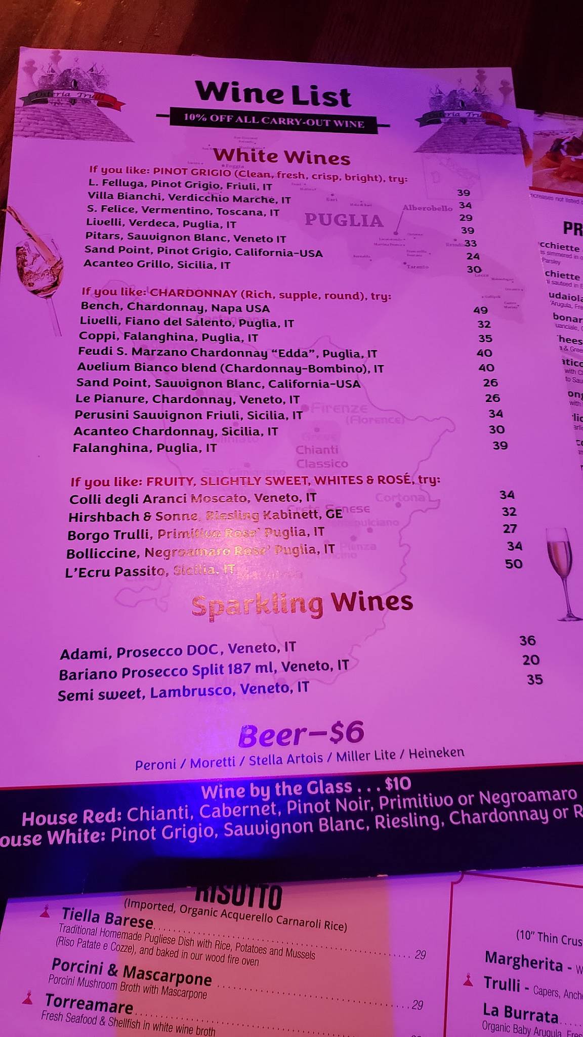 Menu at Osteria Trulli Cucina Pugliese restaurant, Arlington Heights