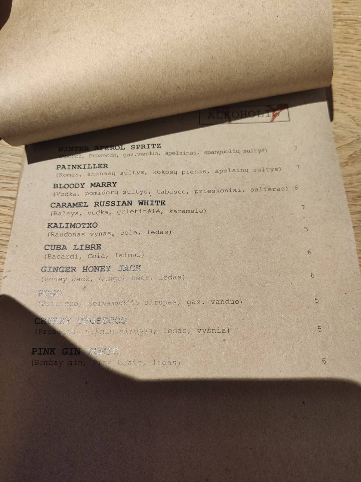 Menu at Osteria da Luca restaurant, Vilnius, J. Basanavičiaus g. 15