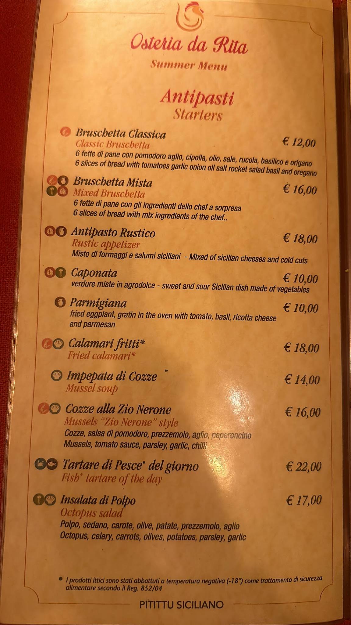 Menu at Osteria da Rita (dal 1991) restaurant, Taormina