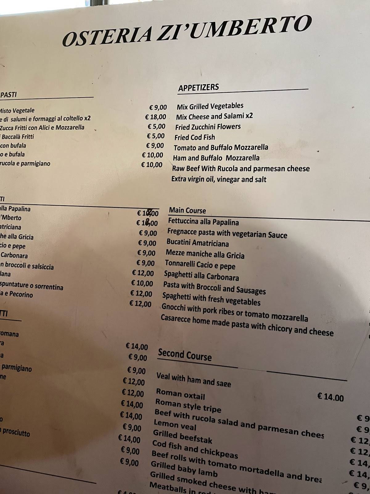 Menu at Osteria da Zi Umberto restaurant, Rome