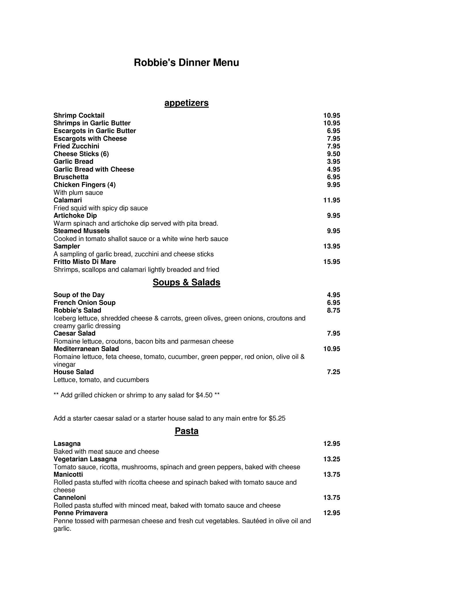 Menu at Robbie's restaurant, Ottawa, St. Laurent Blvd