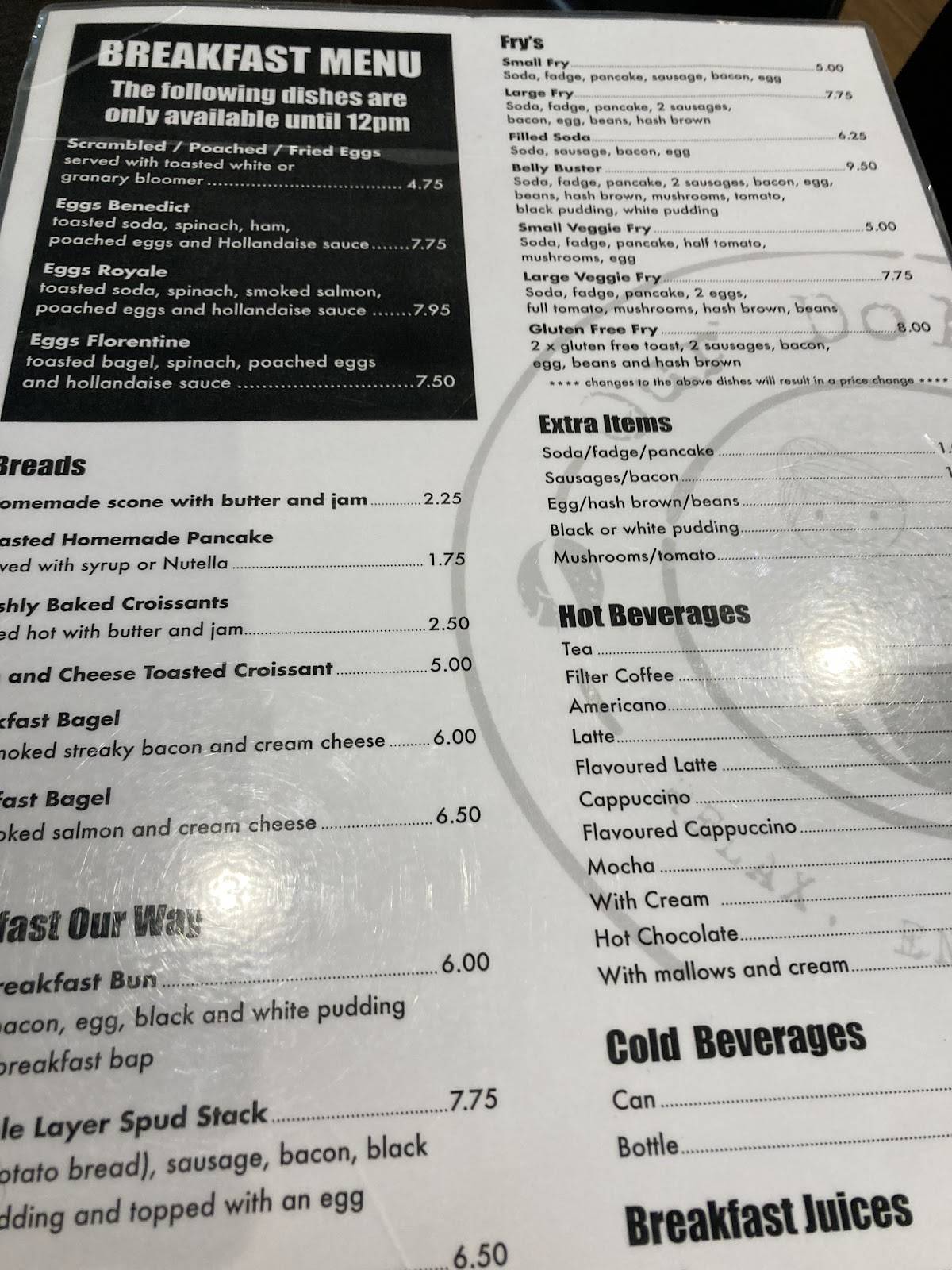 Menu at Our Dolly's cafe, Ballycastle