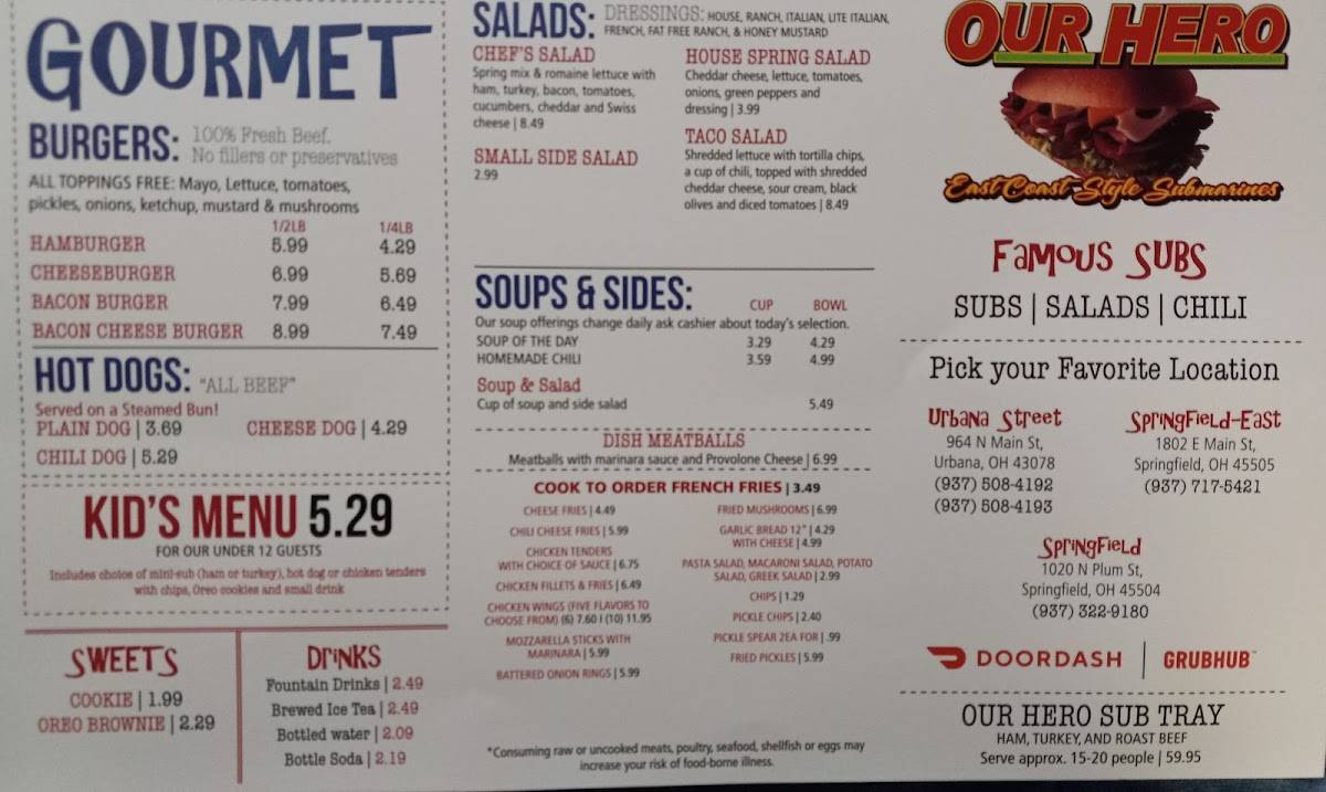 Menu at Our Hero Express Subs restaurant, Urbana, 964 N Main St