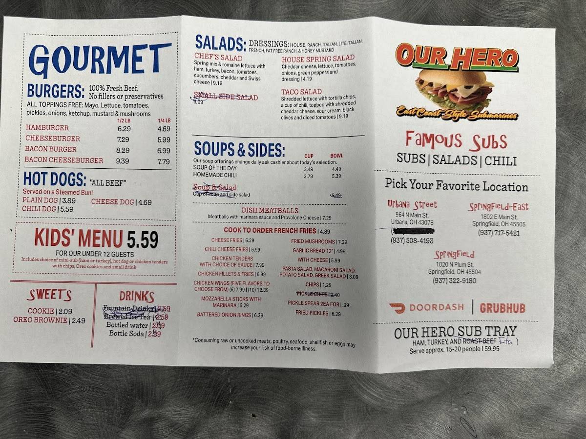 Menu at Our Hero Express Subs restaurant, Urbana, 964 N Main St