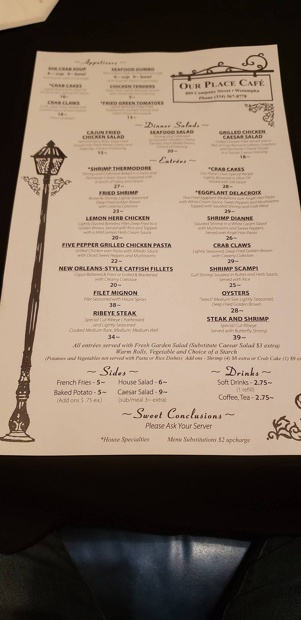 Menu at Our Place Cafe, Wetumpka