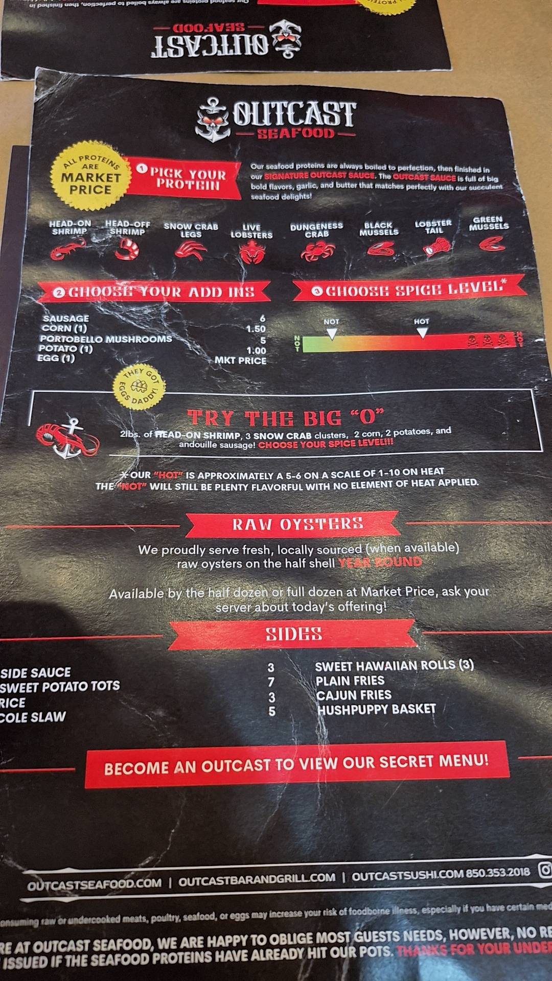 Menu at Outcast Seafood restaurant, Miramar Beach, Emerald Coast Pkwy ...