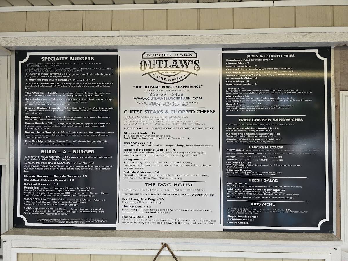 Menu at Outlaw's Burger Barn & Creamery, Vineland