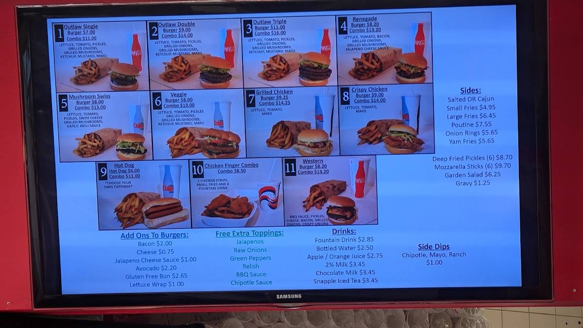 Menu at Outlaws Burgers and Fries restaurant, Thunder Bay