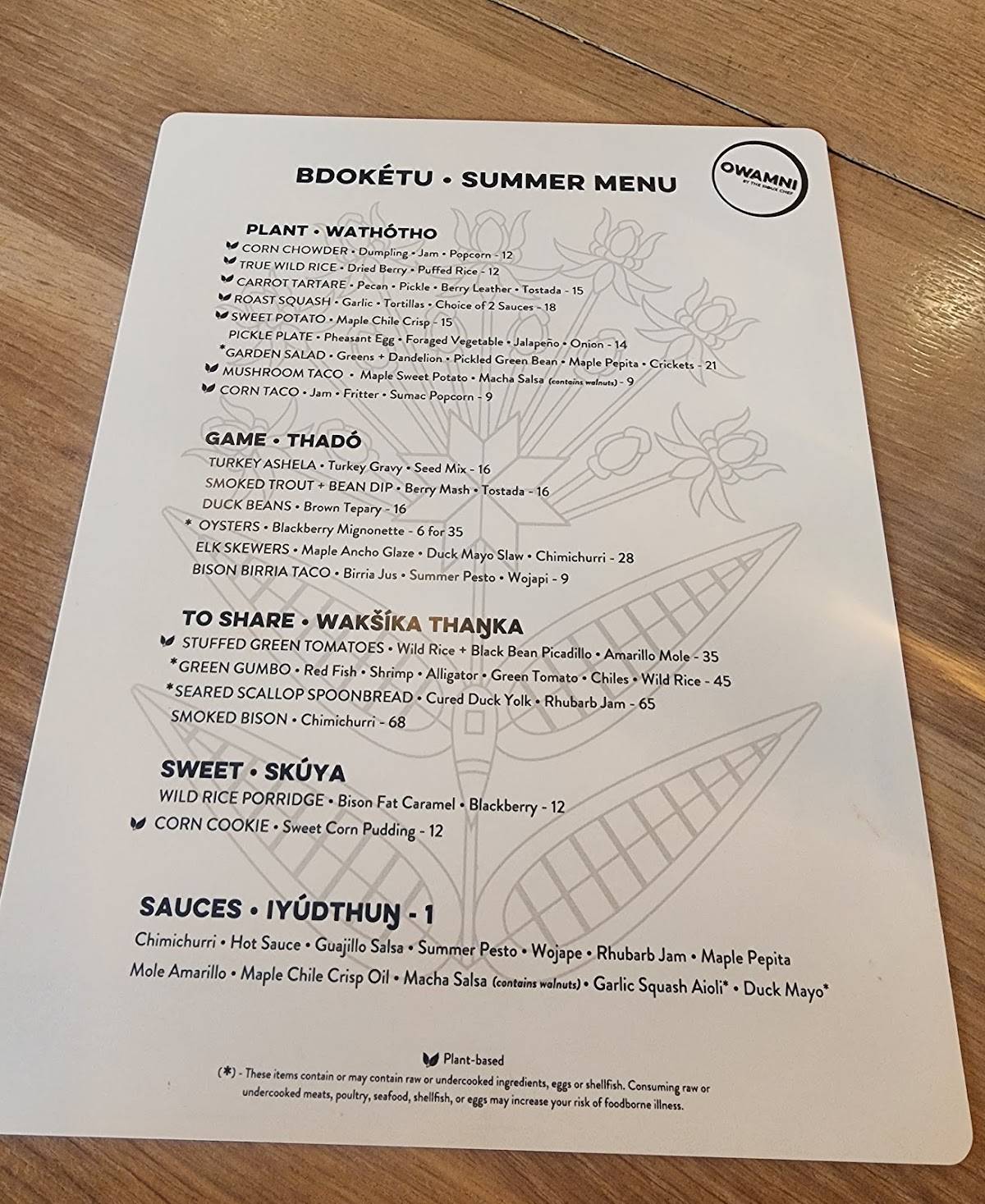 Menu at Owamni by The Sioux Chef restaurant, Minneapolis