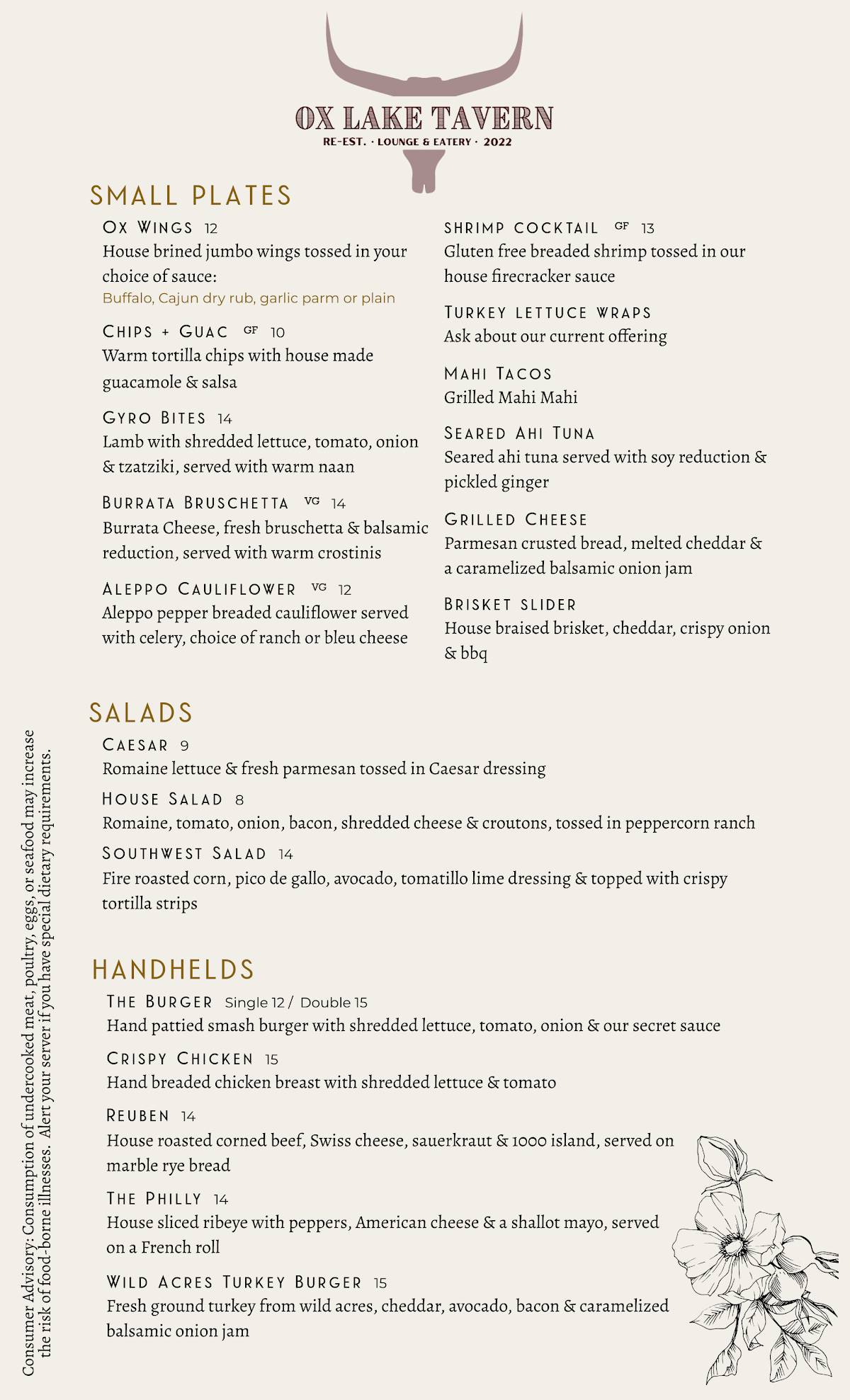 Menu at Ox Lake Tavern restaurant, Crosslake