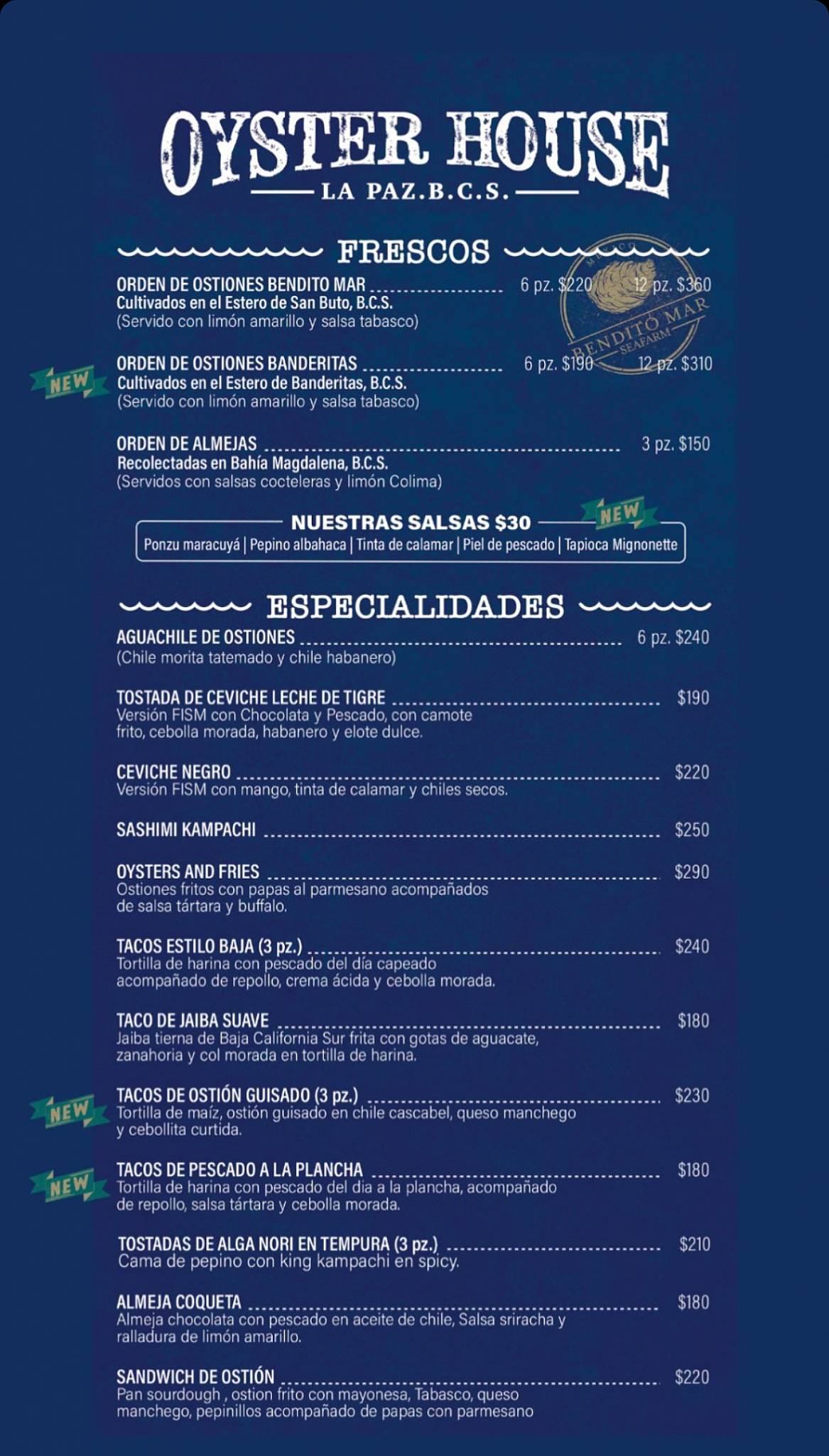 Menu at Oyster House restaurant, La Paz