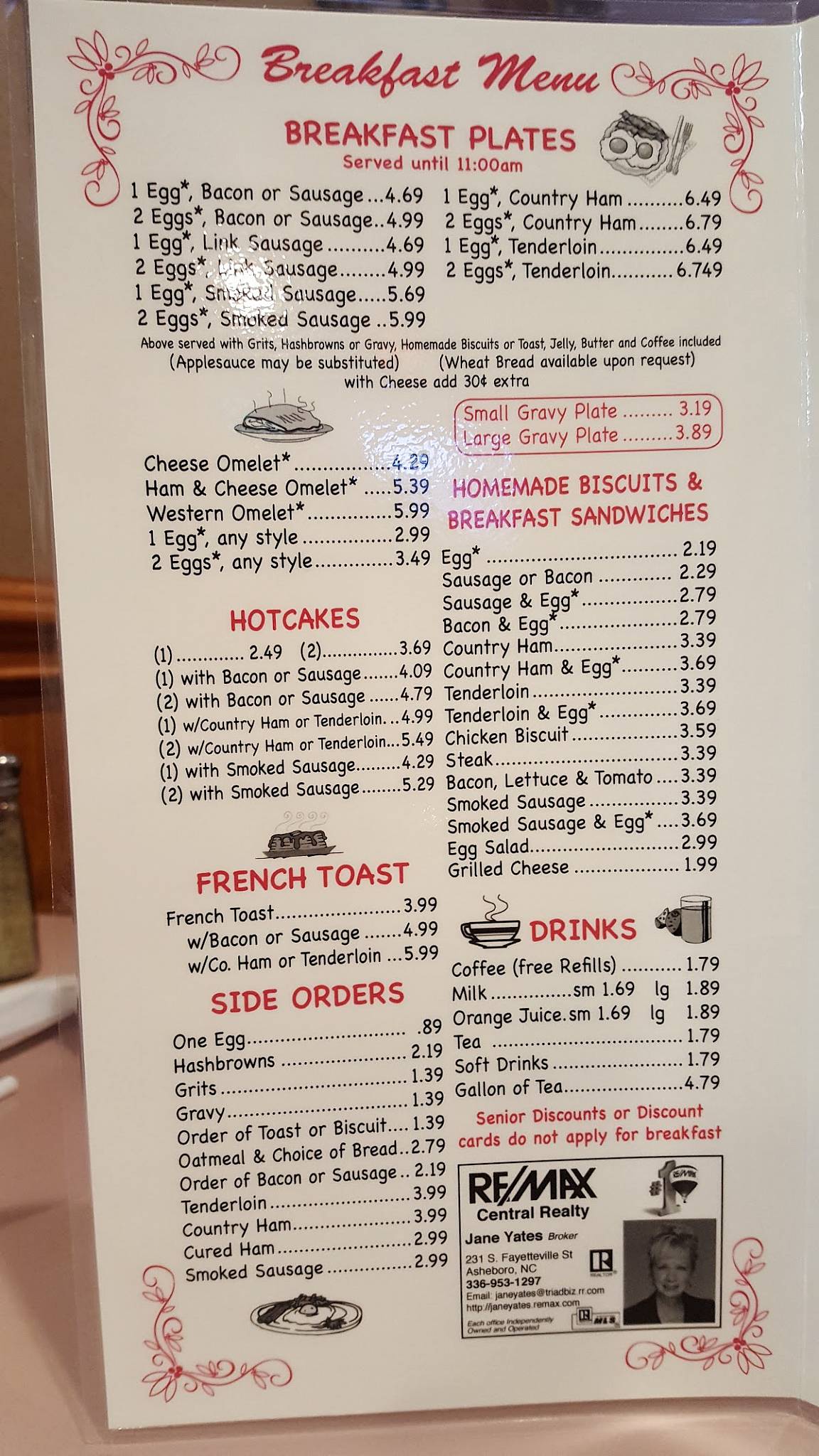 Menu at P & J's Diner restaurant, Asheboro