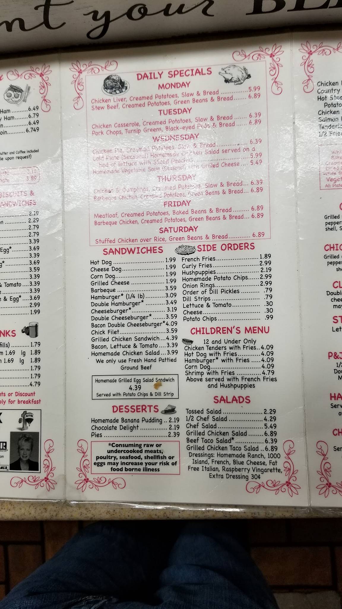 Menu at P & J's Diner restaurant, Asheboro