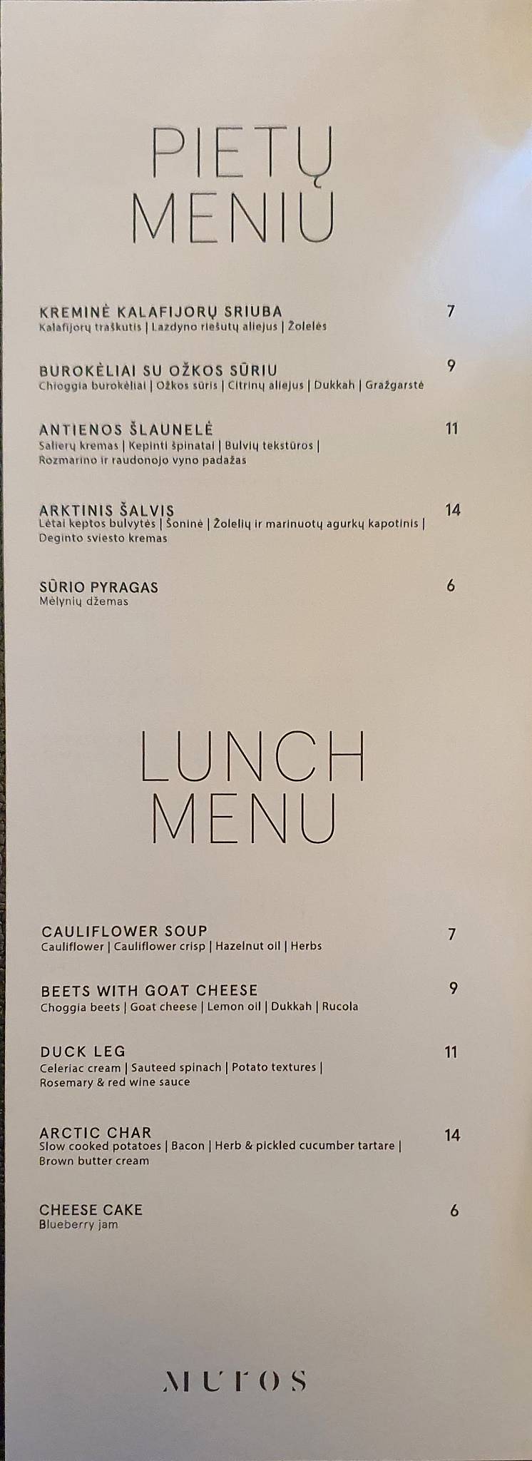 Menu au PACAI Restaurant & Bar, Vilnius