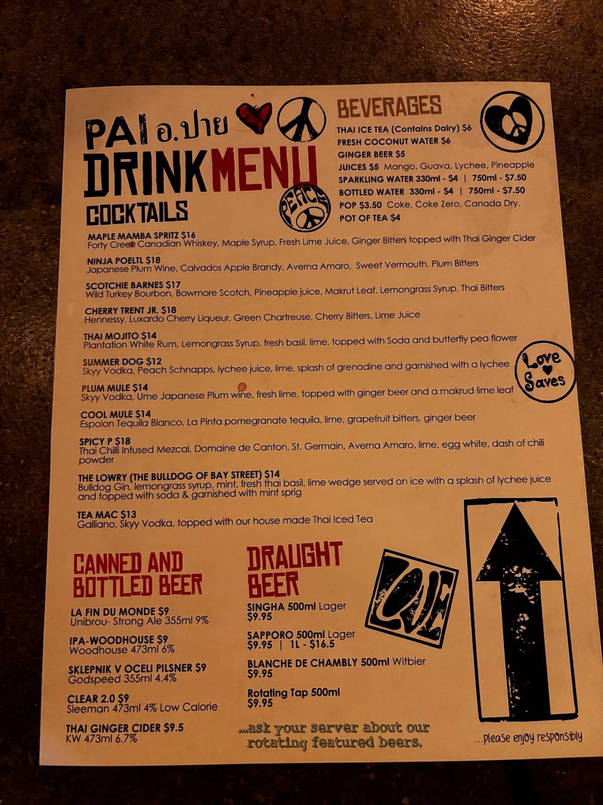 Menu at PAI restaurant, Toronto, 18 Duncan St