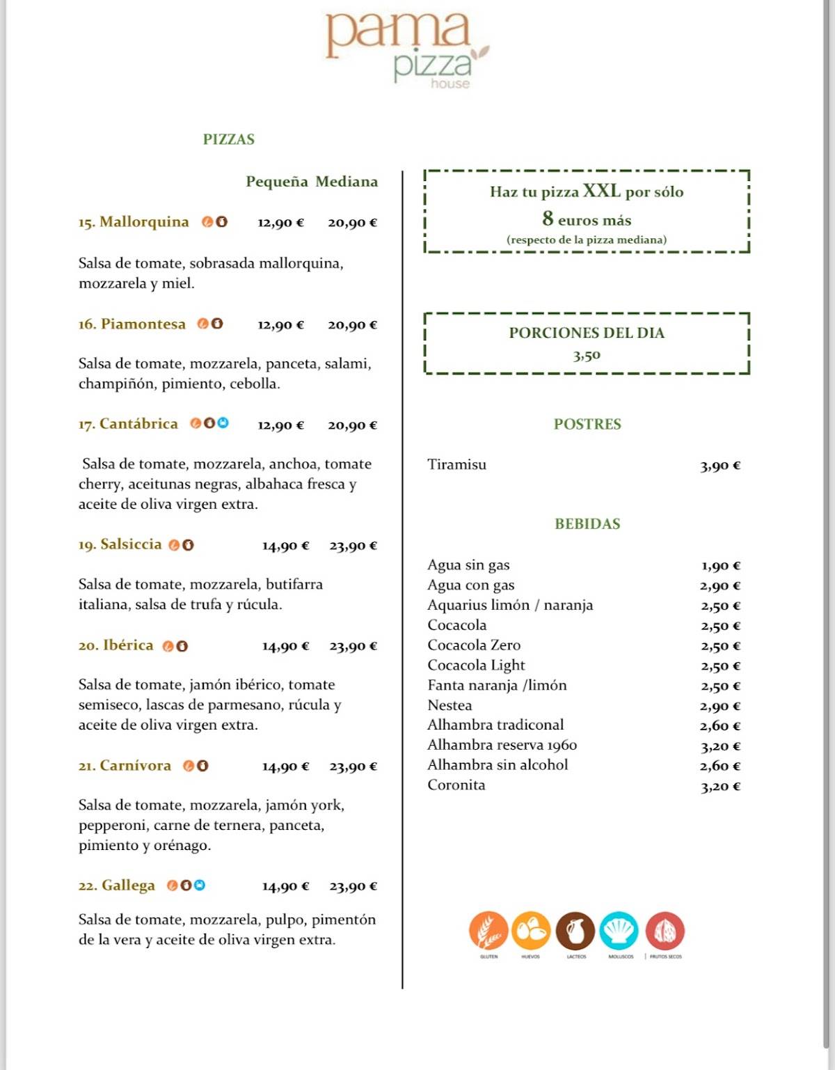 Carta del restaurante PAMA PIZZA HOUSE, Madrid