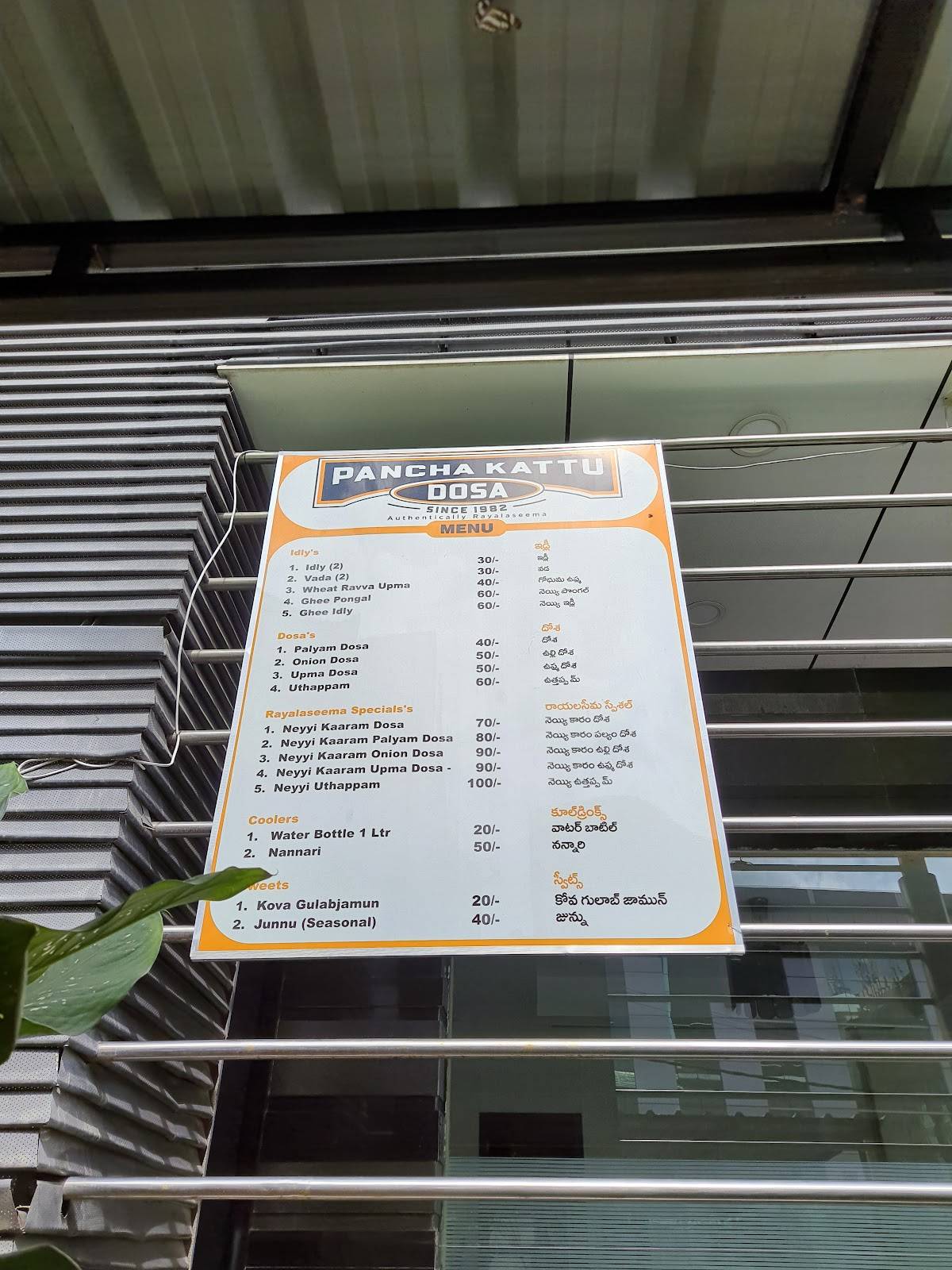 Menu at PANCHA KATTU DOSA, Hyderabad, Japanese park