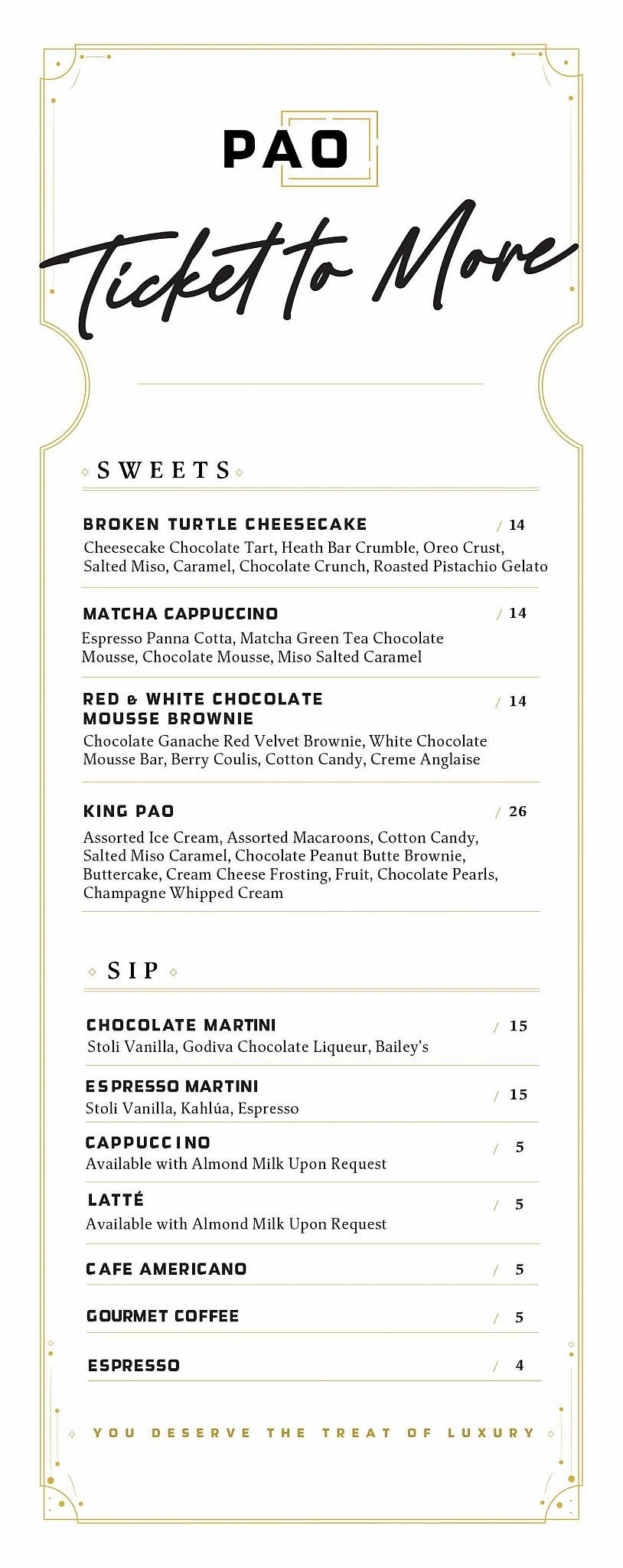 Menu at PAO Detroit restaurant, Detroit