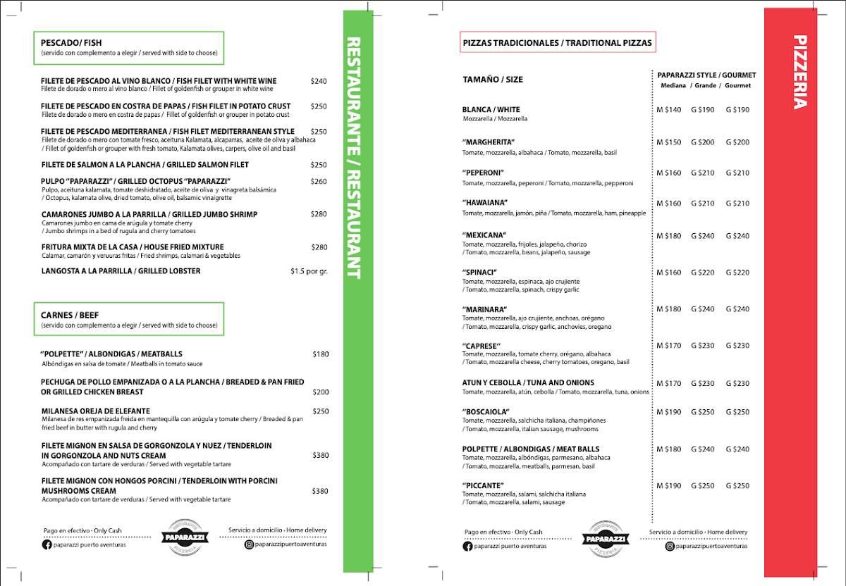Carta de Paparazzi Restaurante Pizzería, Puerto Aventuras
