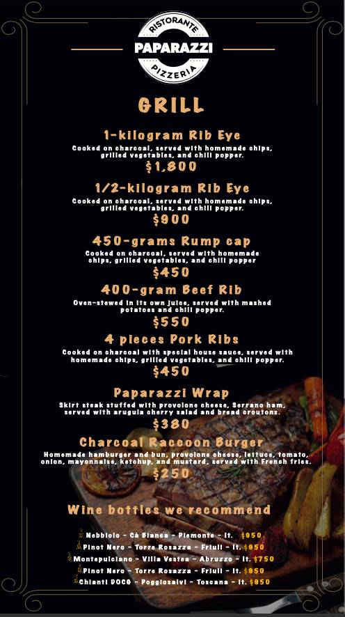 Menu at PAPARAZZI pizzeria, Puerto Aventuras