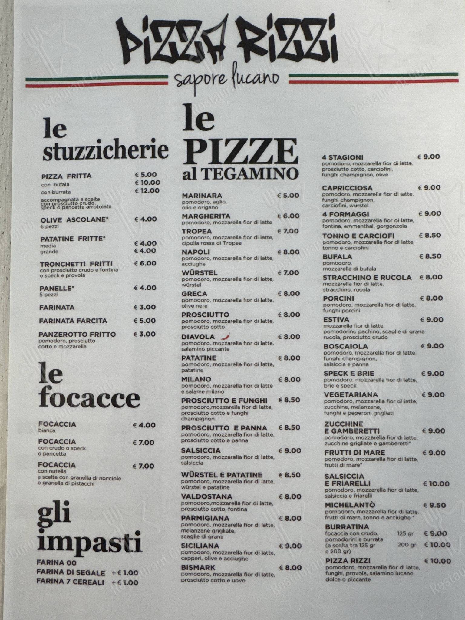Menu da PIZZA RIZZI Sapore Lucano al tegame ristorante, Settimo Torinese