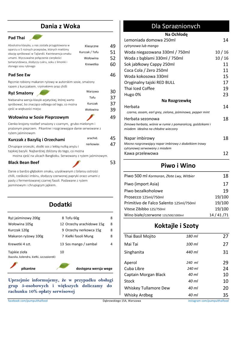 Menu at PUMPUI restaurant, Warsaw