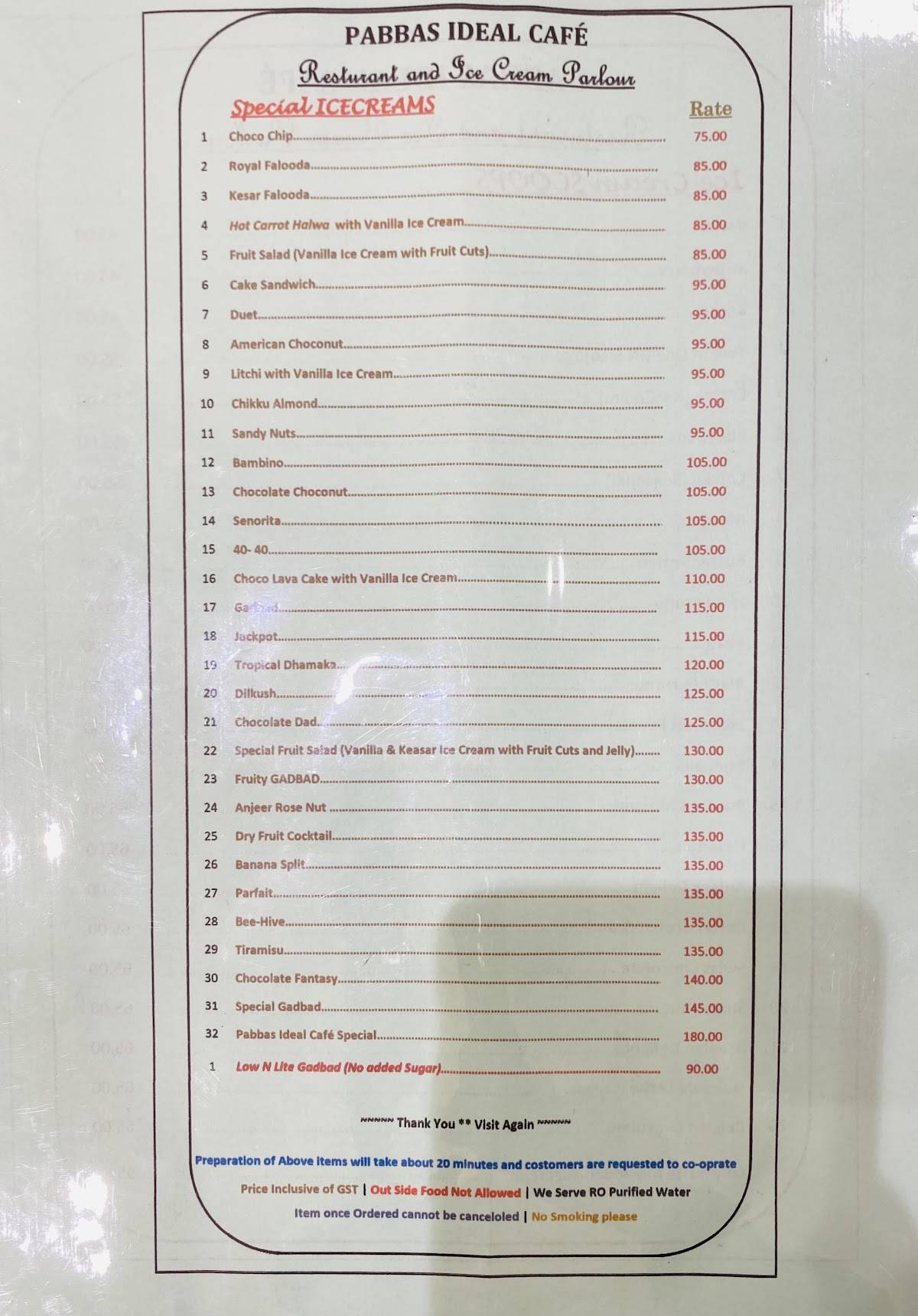 Menu at Pabbas Ideal Cafe, Bharat Mall, Mangaluru