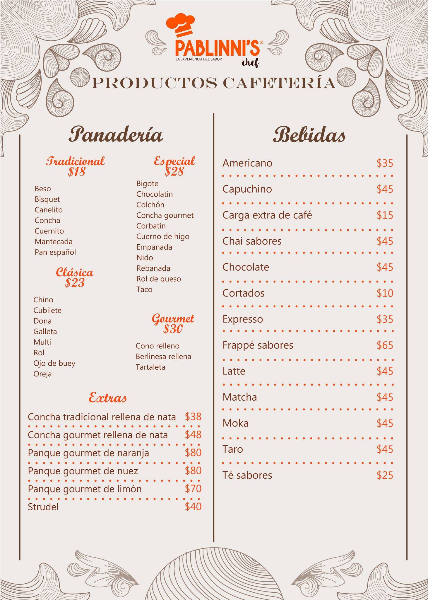 Carta de Pablinni's Chef "Restaurante", Ciudad de México