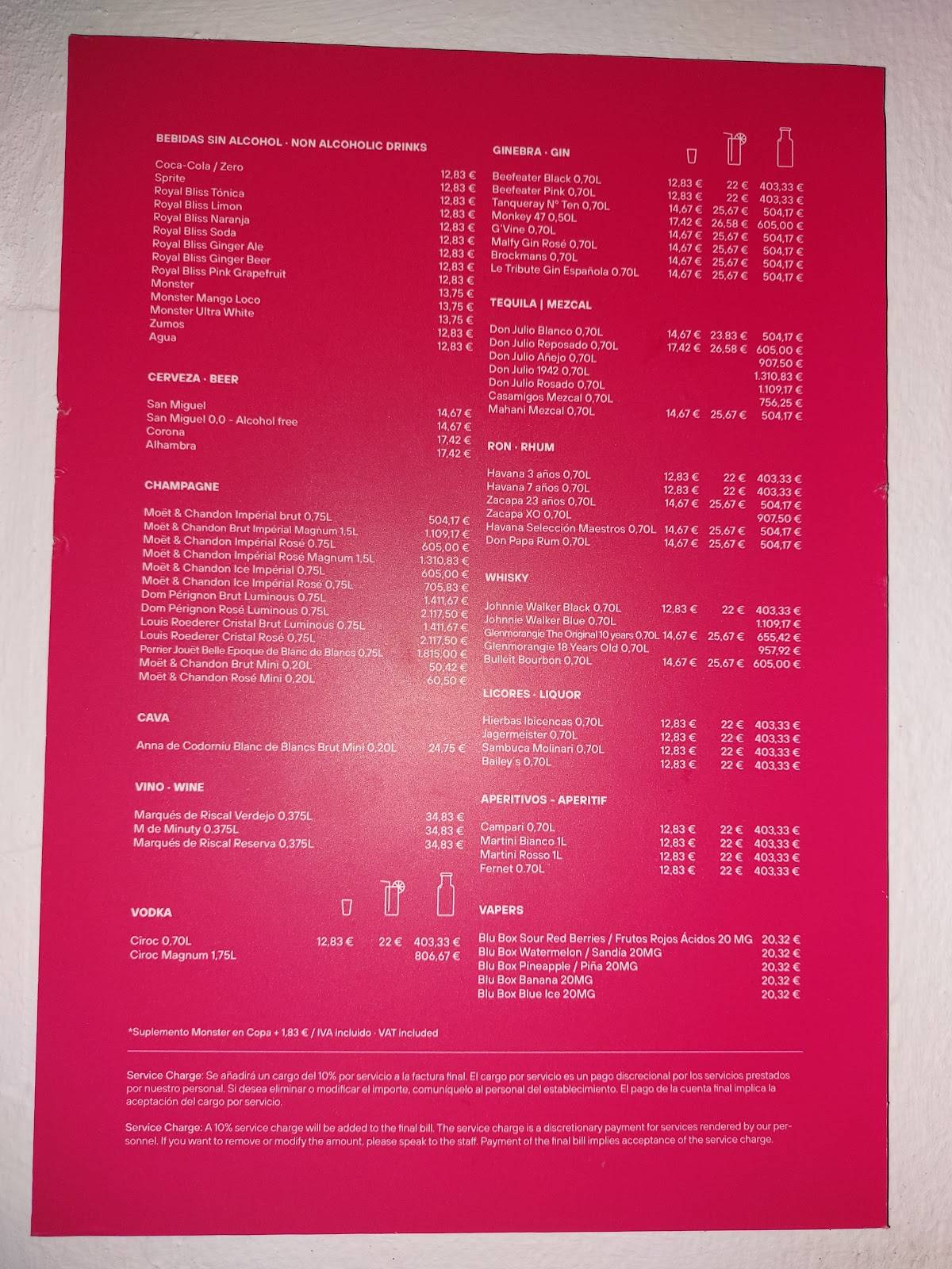 Menu at Pacha club, Ibiza, Av. 8 d'Agost