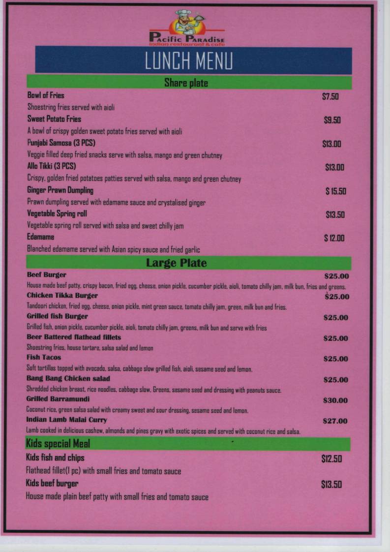 Menu at Pacific paradise Indian restaurant & cafe, Mudjimba