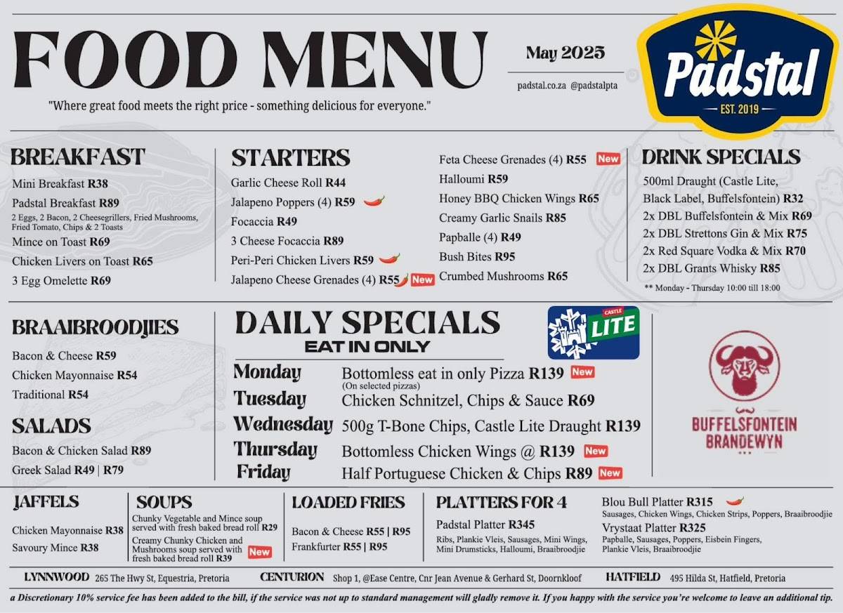 Menu at Padstal Centurion restaurant, Pretoria