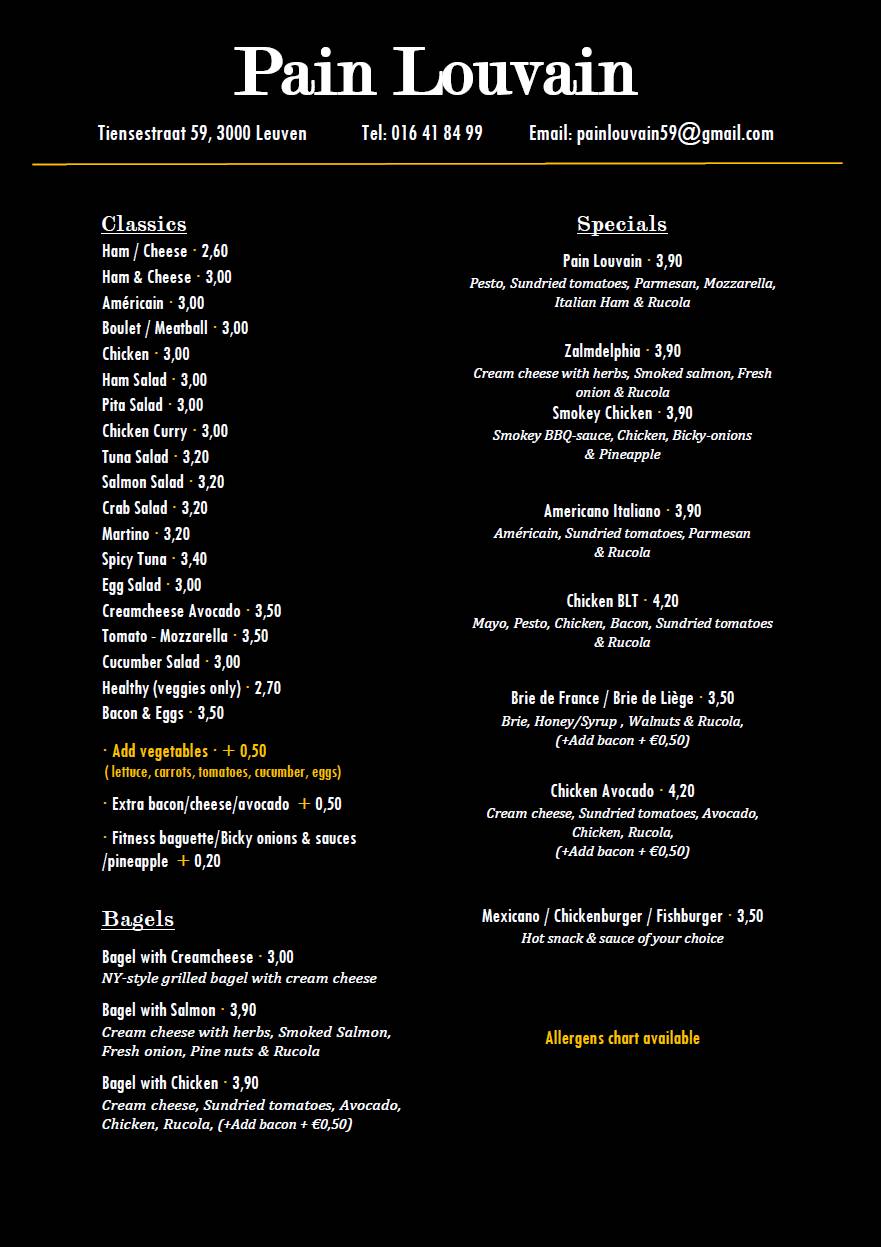 Menu at Pain Louvain, Leuven