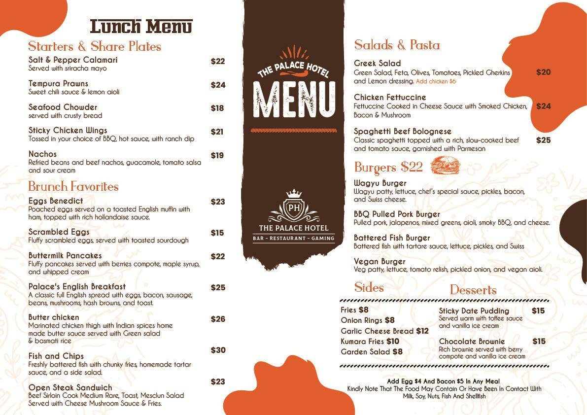 Menu at Palace Hotel pub & bar, Te Aroha