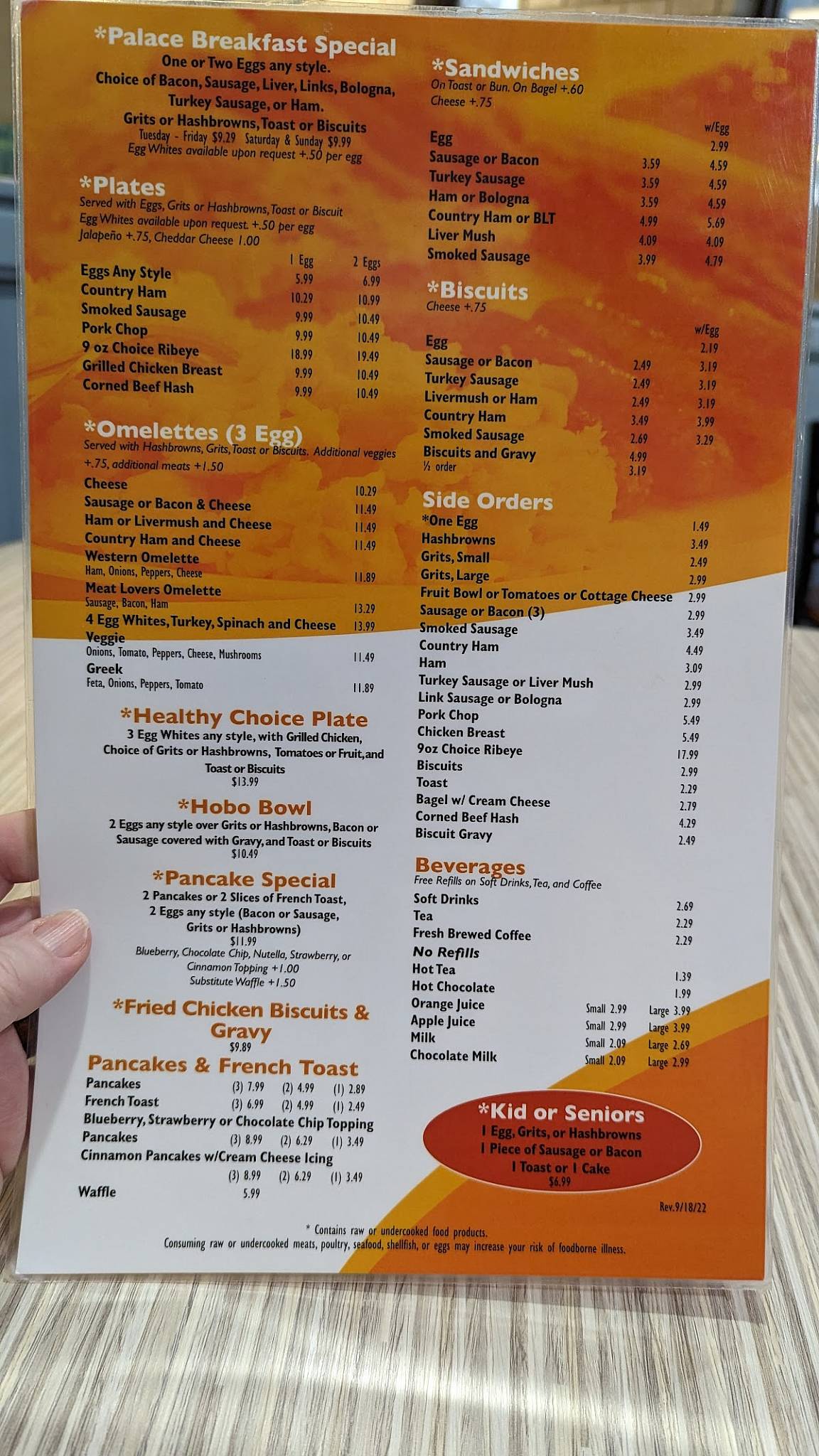 Menu at Palace Restaurant, Monroe