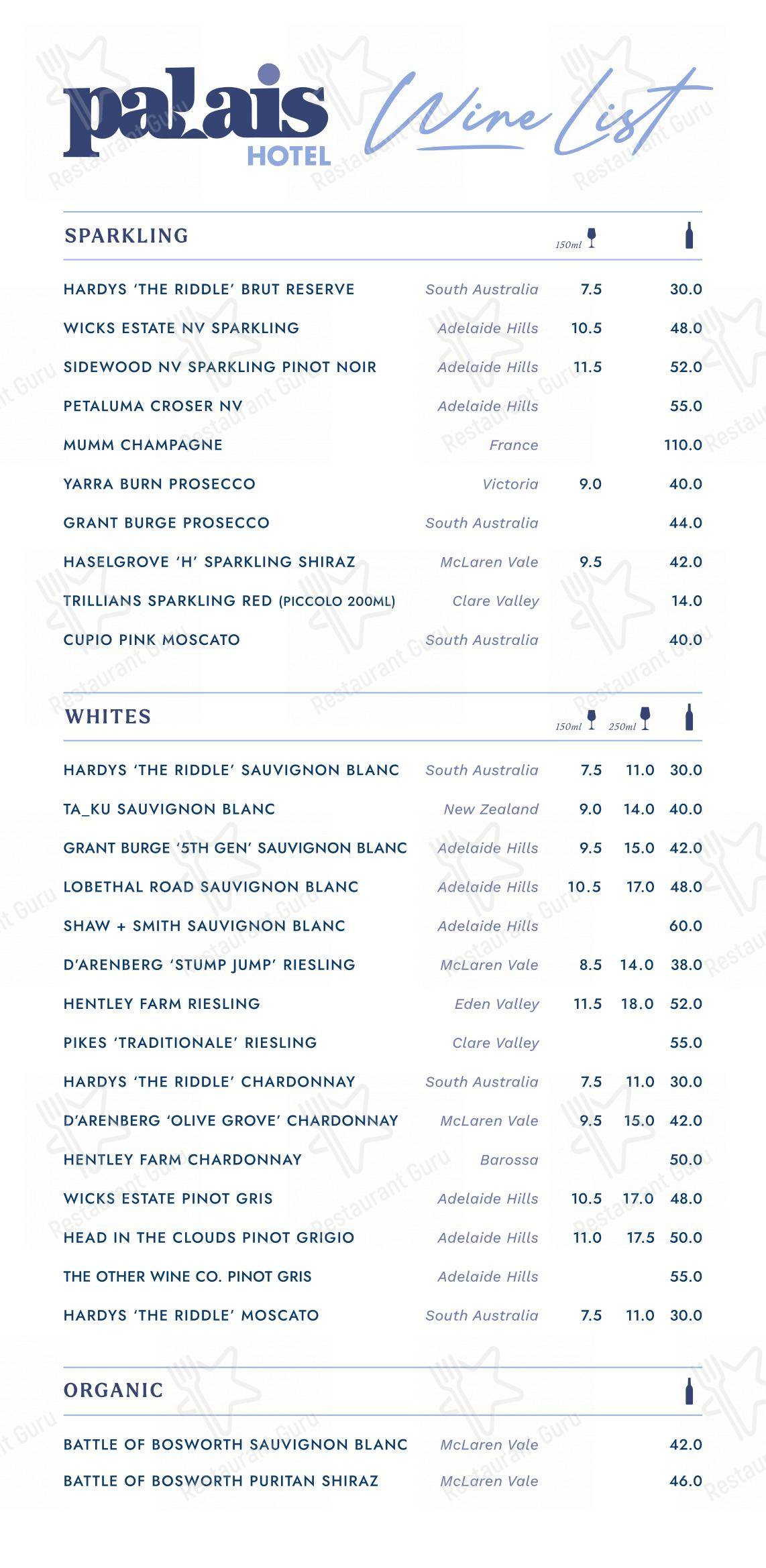 Menu at Palais Hotel restaurant, Semaphore, 86 Esplanade