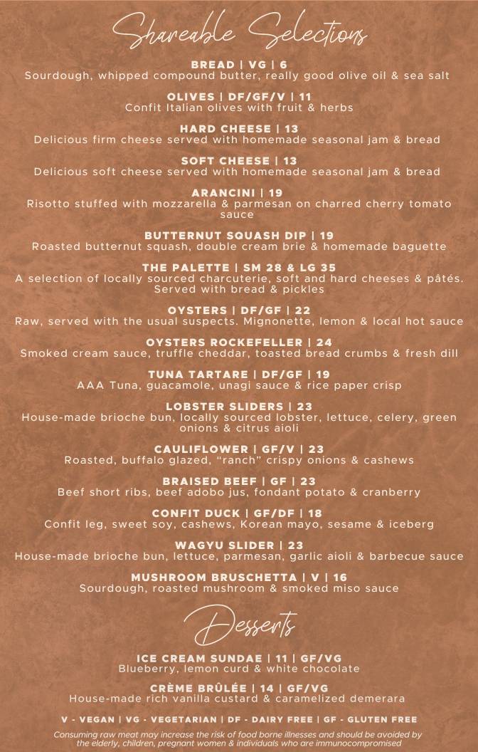 Menu at Palette Rooftop Bar, Moncton