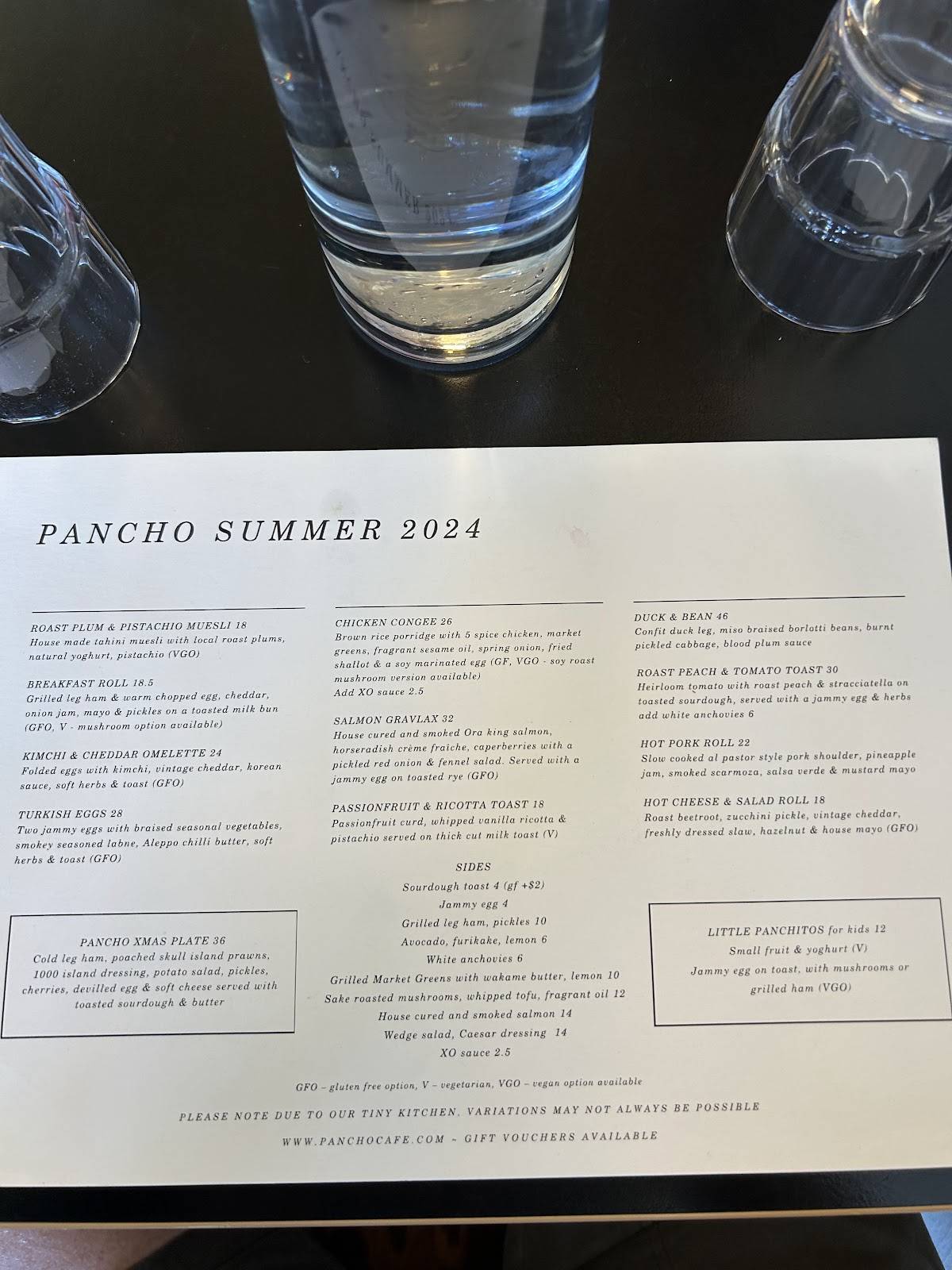 Menu at Pancho Cafe, Daylesford